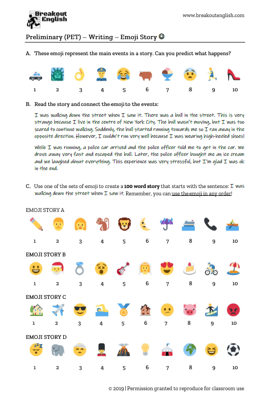 Preliminary (PET) Writing Part 2 - Emoji Story 😀 - Breakout English